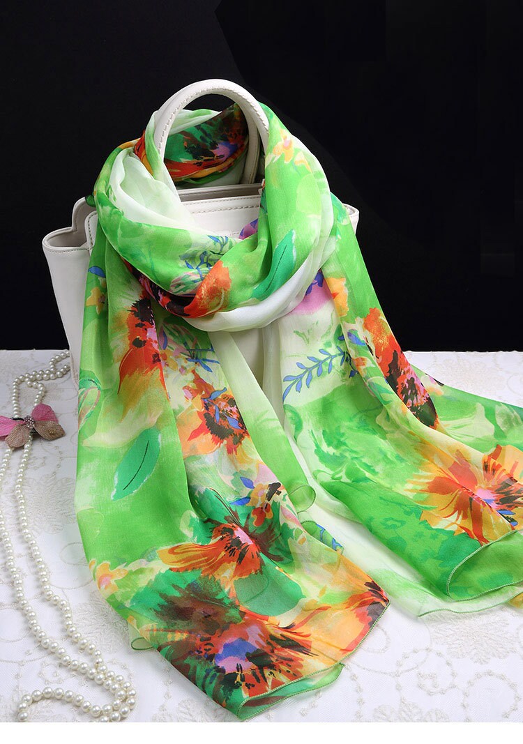 Floral Printed Silk Chiffon Scarf Silk Scarf With Floral Print Large ...