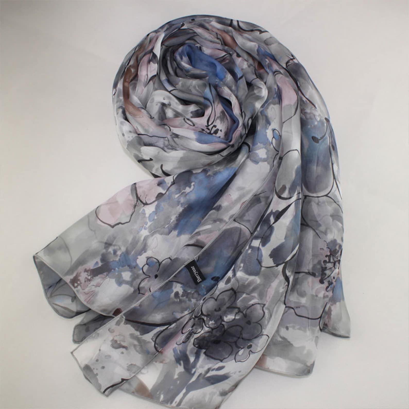 Gray Floral Silk Scarf - Floral Grey Silk Scarf - Grey Silk Chiffon ...