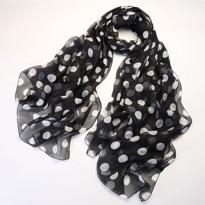 Black Silk Chiffon Scarf With Large Polka Dot Print - White Dot Printed ...