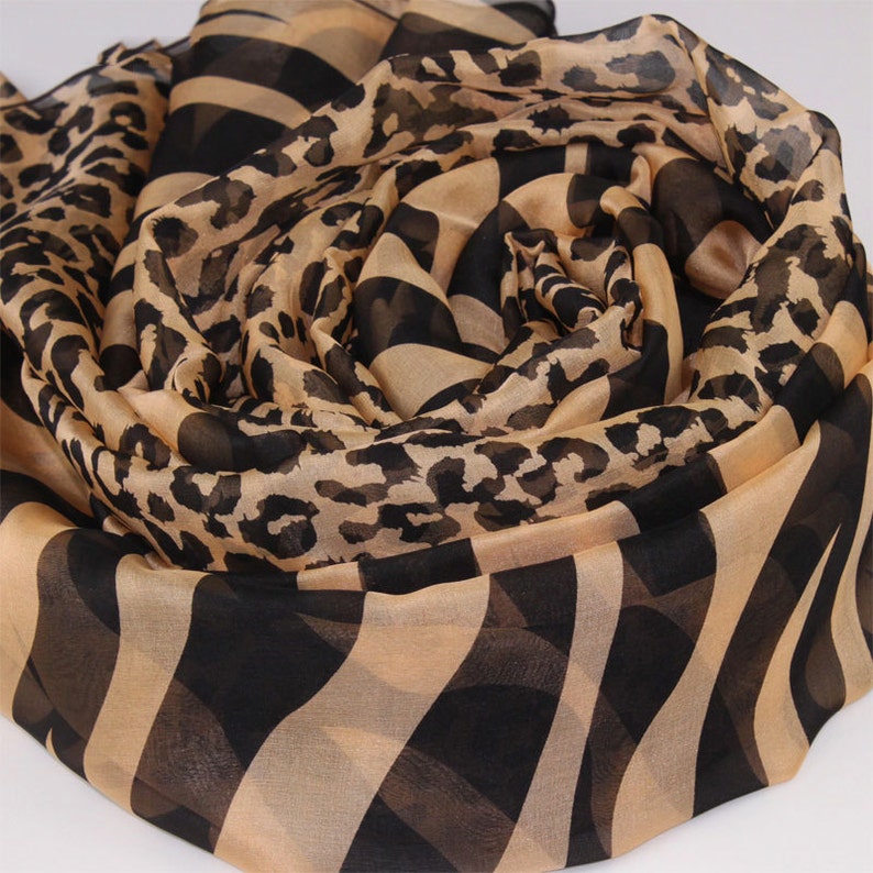 Leopard and Zebra Printed Silk Chiffon Scarf Brown Silk Scarf With ...