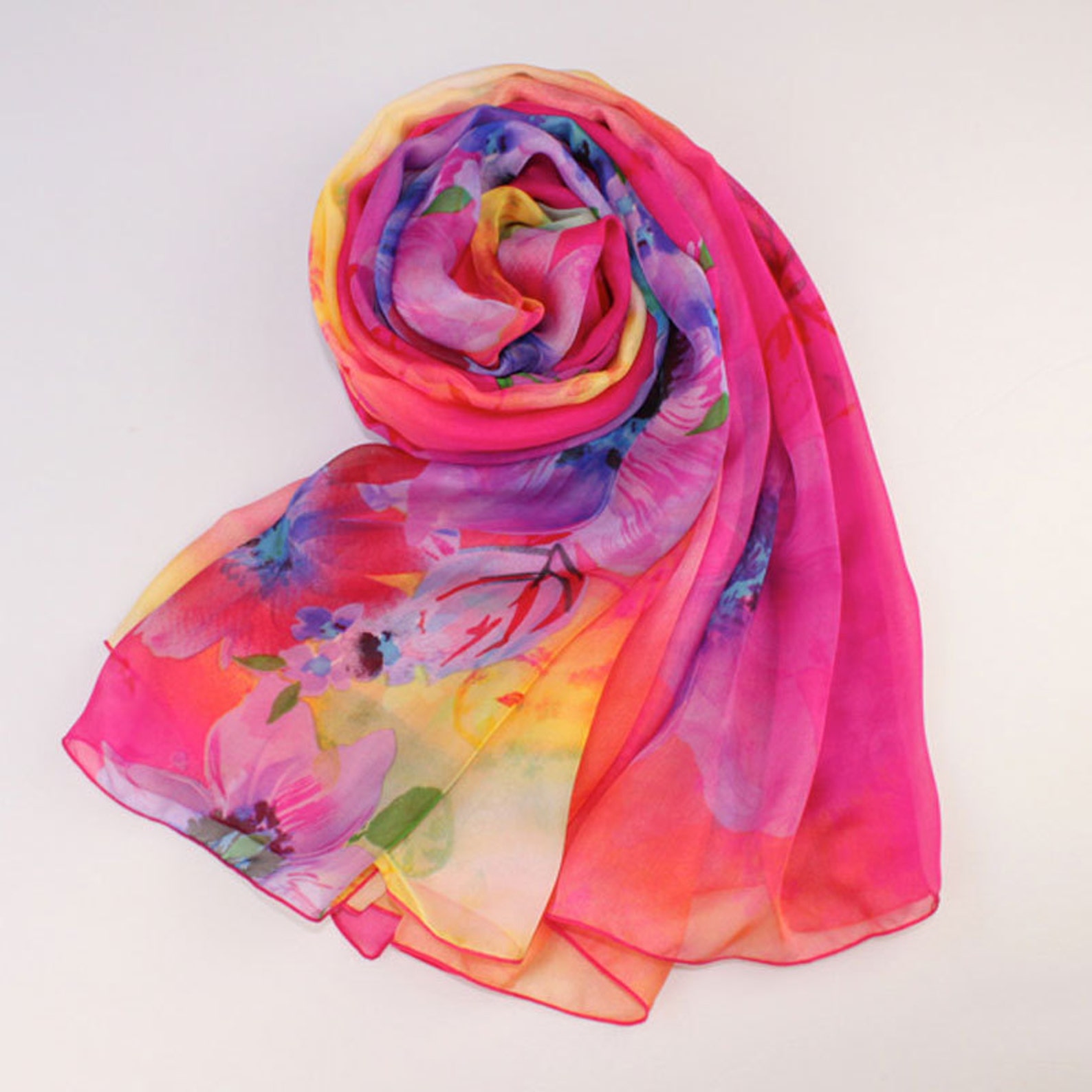 Deep Pink Silk Scarf with Large Floral Print Floral Silk | Etsy