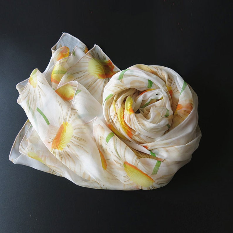 Floral Printed Silk Chiffon Scarf Silk Scarf With Yellow - Etsy