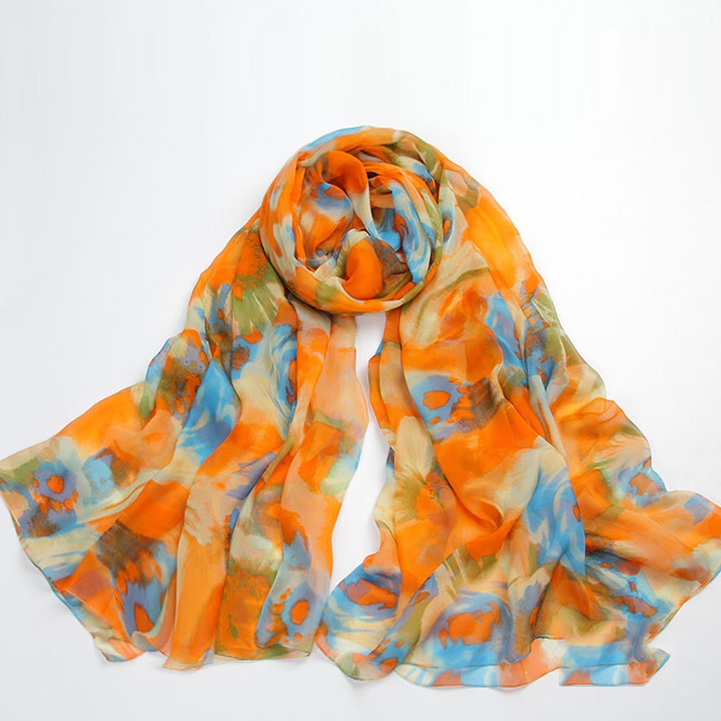 Orange Floral Silk Scarf - Orange and Blue Silk Chiffon Scarf - Floral ...