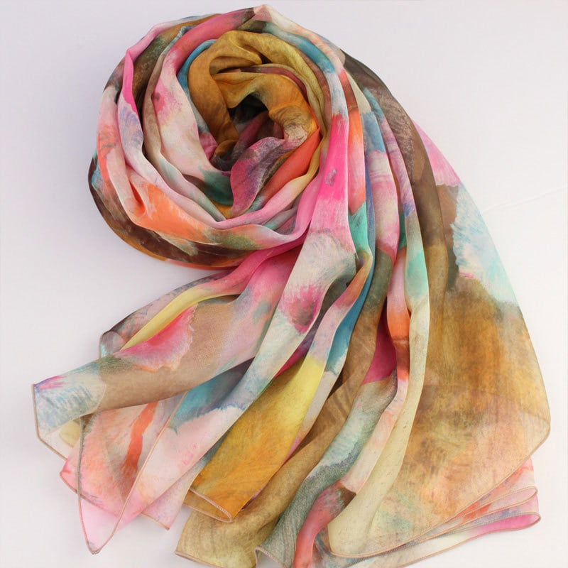 Floral Printed Silk Chiffon Scarf Silk Scarf with Abstract | Etsy