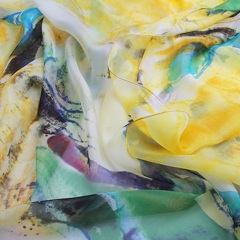 Bright Yellow Silk Chiffon Scarf With Abstract Floral Print - Yellow ...