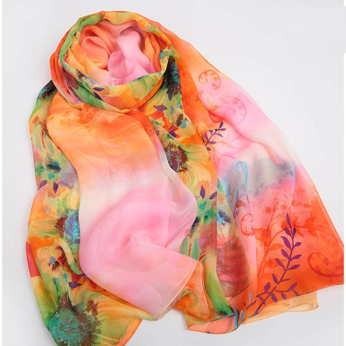 Floral Printed Silk Chiffon Scarf Silk Scarf With Floral Print Large ...