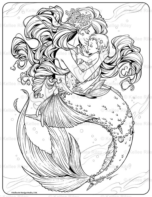 Mother and Baby Mermaid Adult Coloring Page - Etsy
