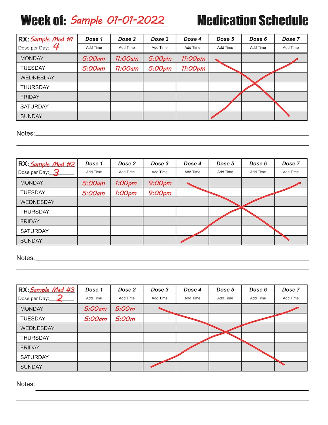 Medication/pill Reminder Sheet - Full 7 Day Week - up to Seven Doses ...