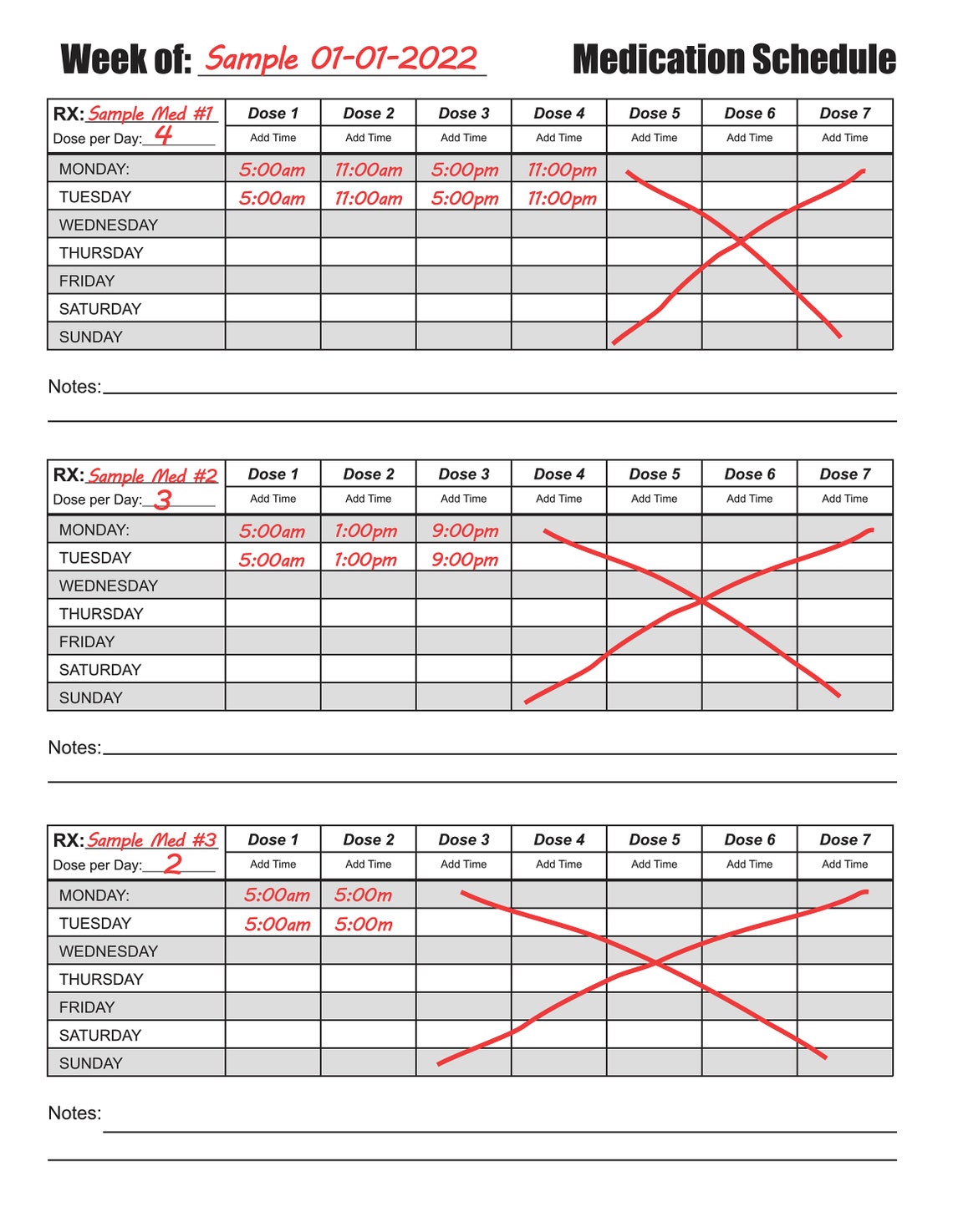Medication/pill Reminder Sheet - Full 7 Day Week - up to Seven Doses ...