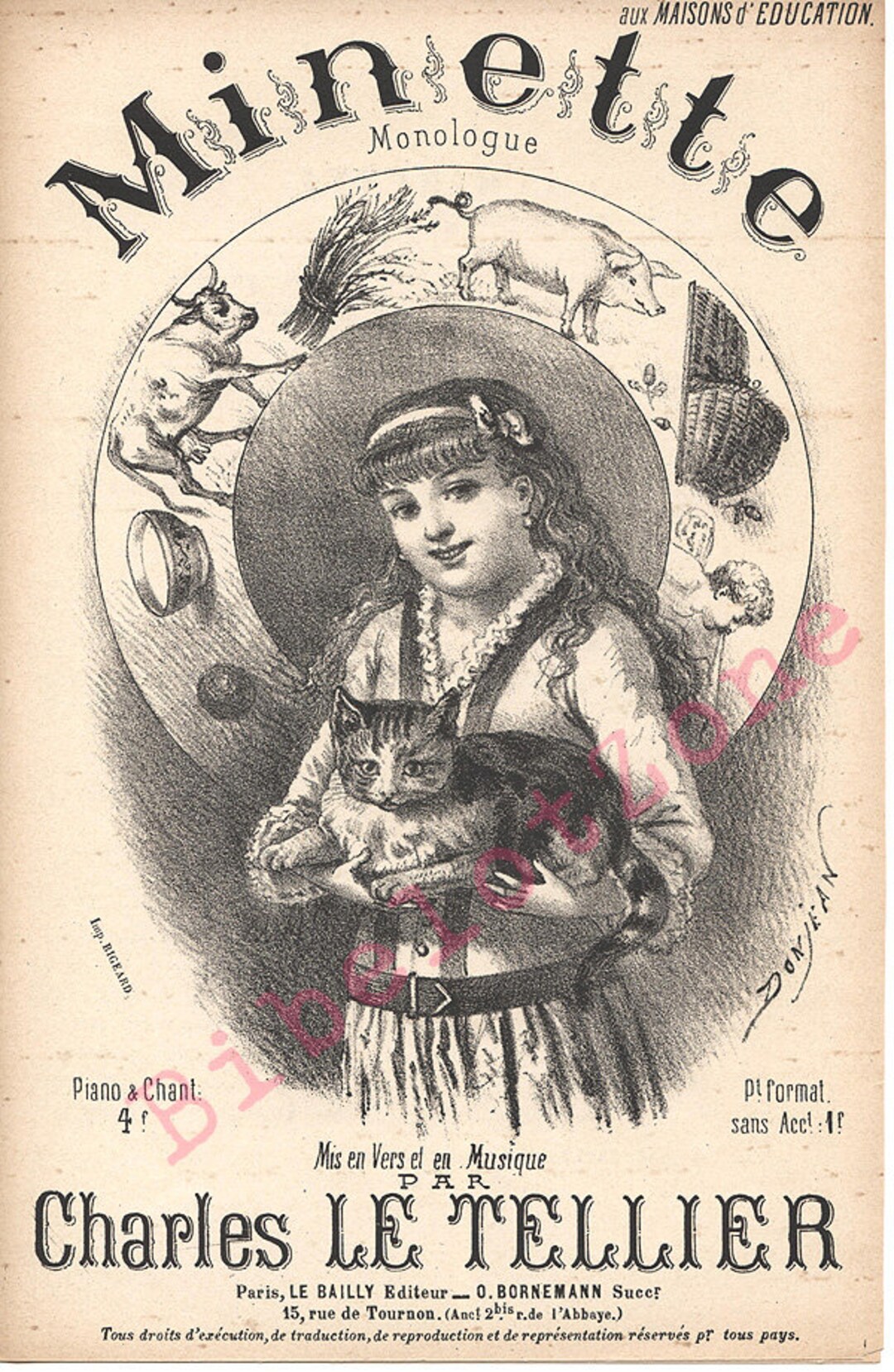 Antique Original French Sheet Music, Victorian Girl With Cat ...