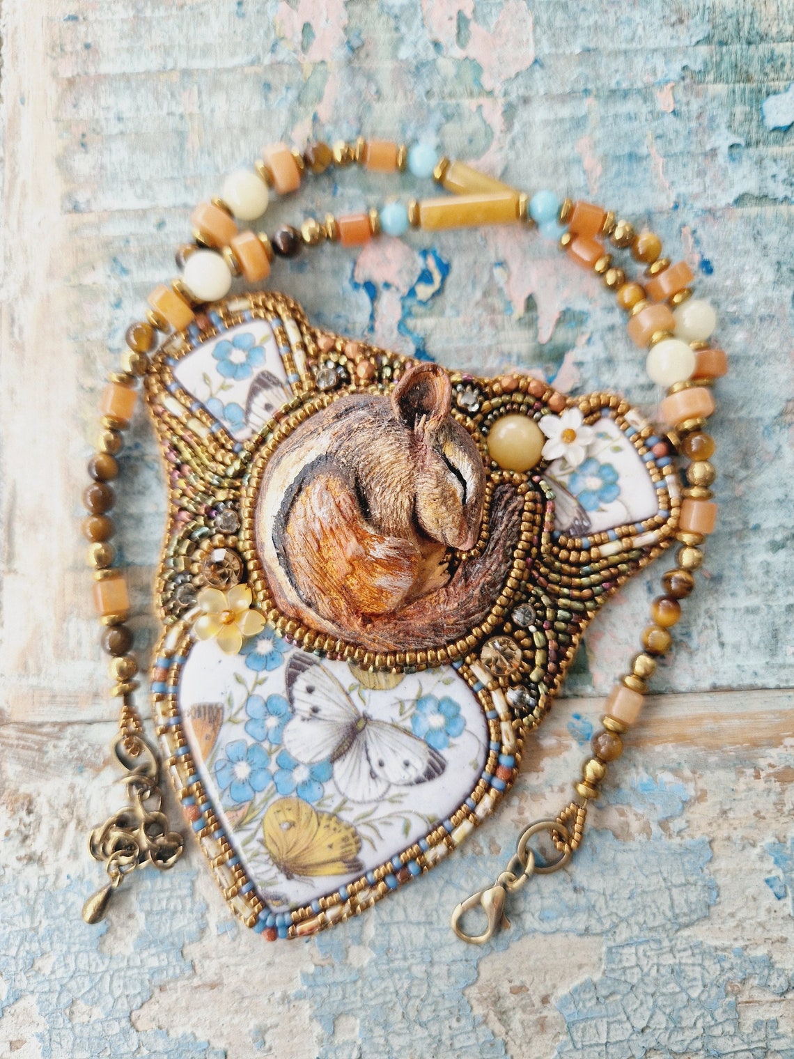 Chipmunk and Butterflies Necklace. - Etsy