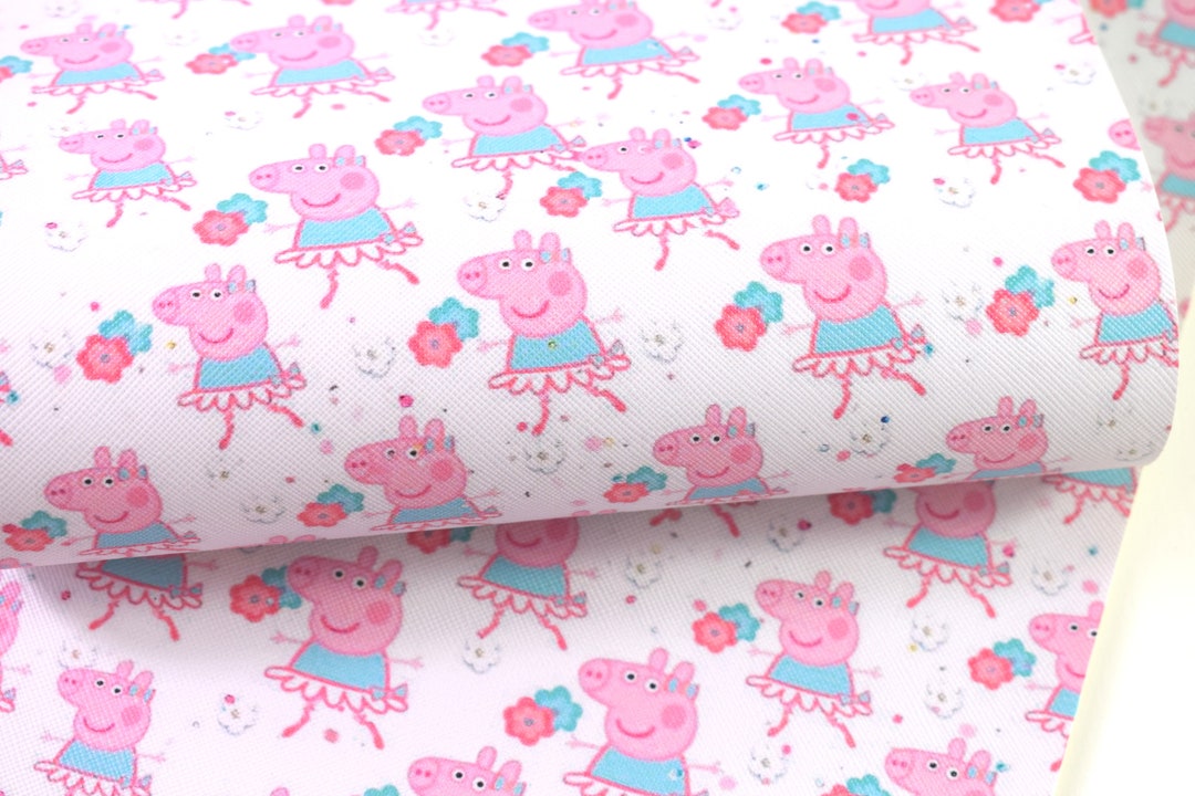 Peppa Pig on White Printed Sheet Faux Canvas Leather Fabric Sheet Bow ...