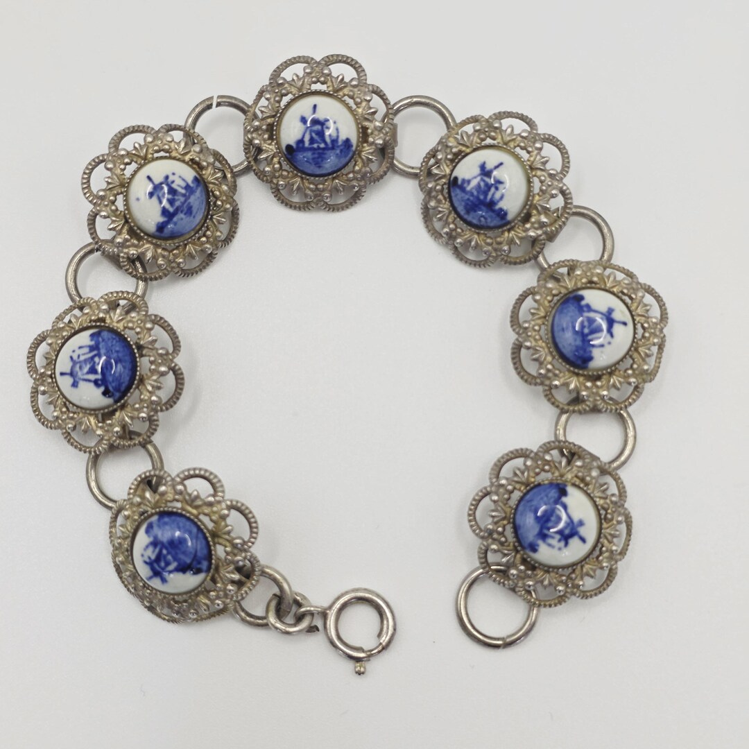 Vintage Dutch Delft Blue Windmill Silver 835 Filigree Bracelet - Etsy