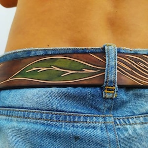 Rustic Leather Belt, Green Leaves Belt. Unisex Belt. - Etsy