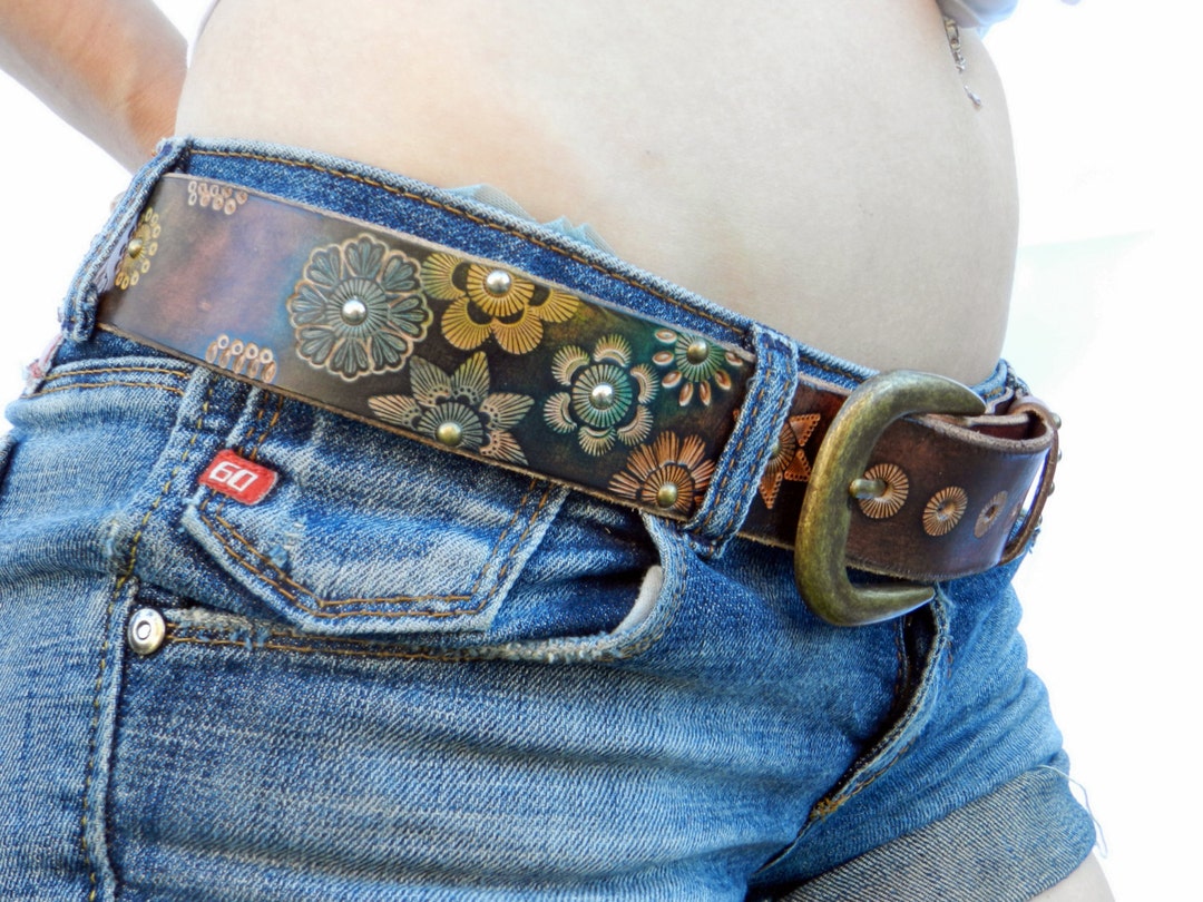 Leather Belt, Thin Leather Belt, Leather Rustic Flowers and Studs - Etsy