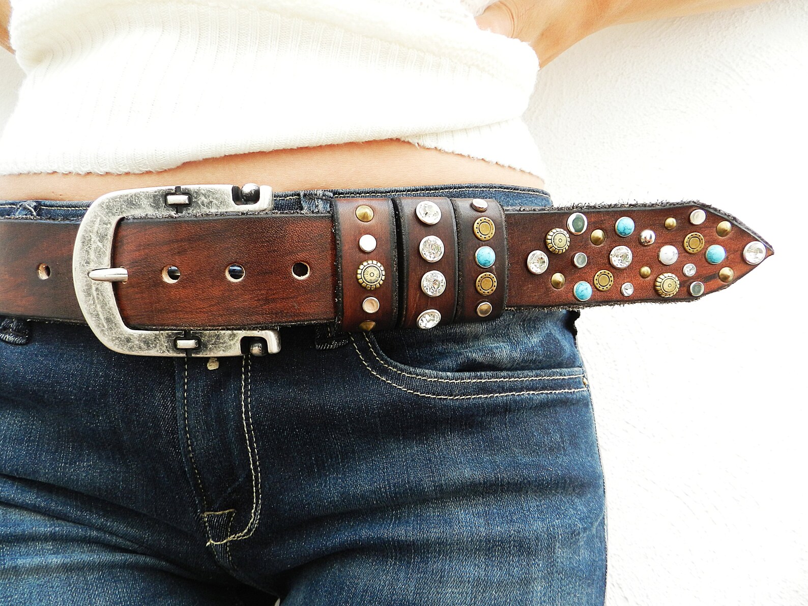 Leather Belt Rustic Leather Beltbelt Leather Tacks Woman | Etsy