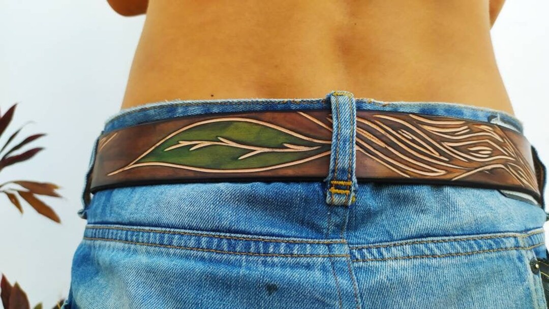 Rustic Leather Belt, Green Leaves Belt. Unisex Belt. - Etsy