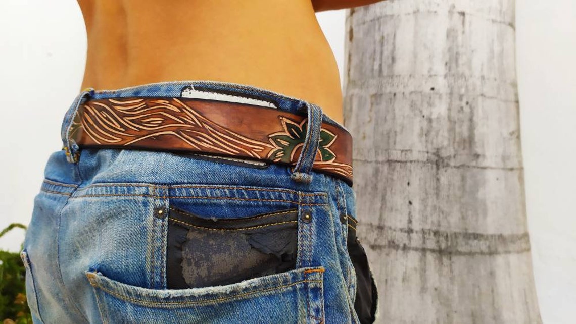 Rustic Leather Belt Green Leaves Belt. Unisex Belt. - Etsy