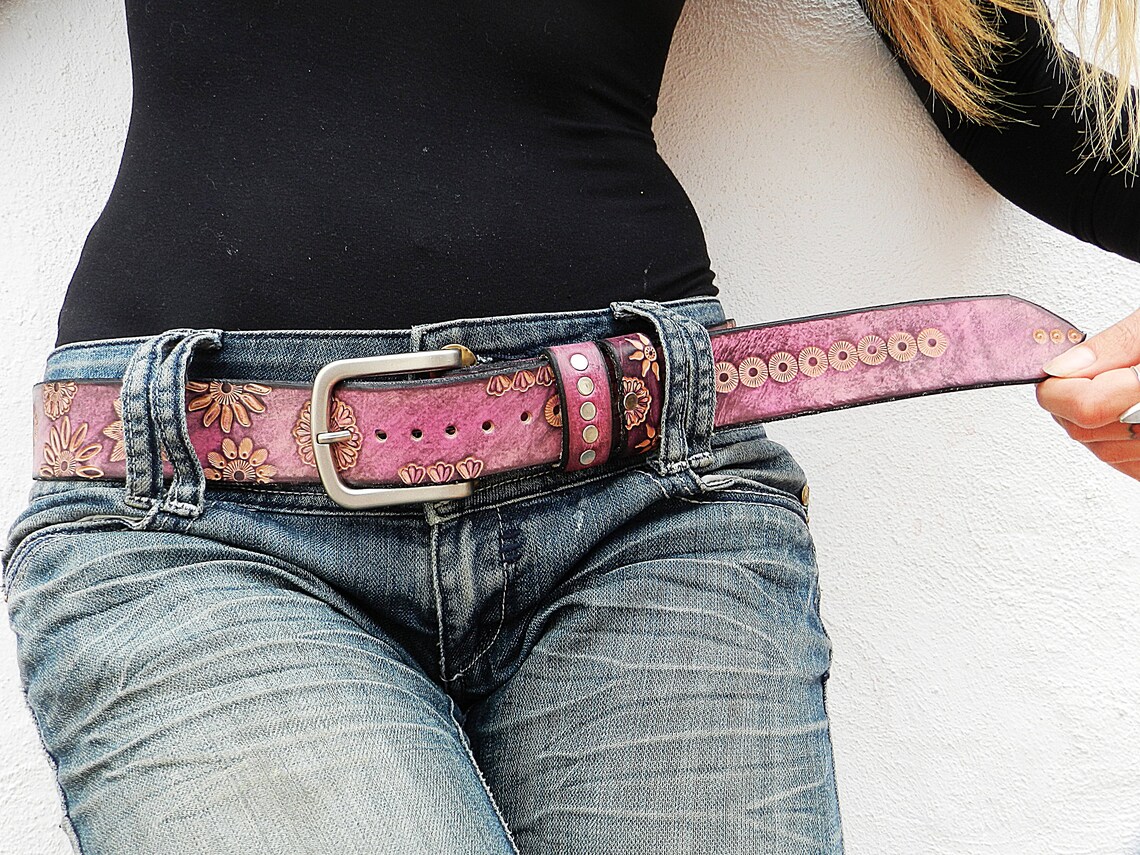 Pink Leather Belt. Flowers Leather Belt. - Etsy