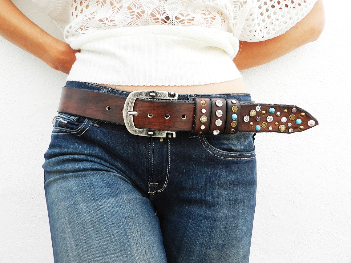 Leather Belt Rustic Leather Beltbelt Leather Tacks Woman | Etsy