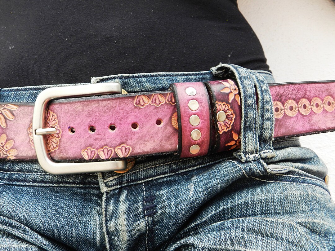 Pink Leather Belt. Flowers Leather Belt. - Etsy