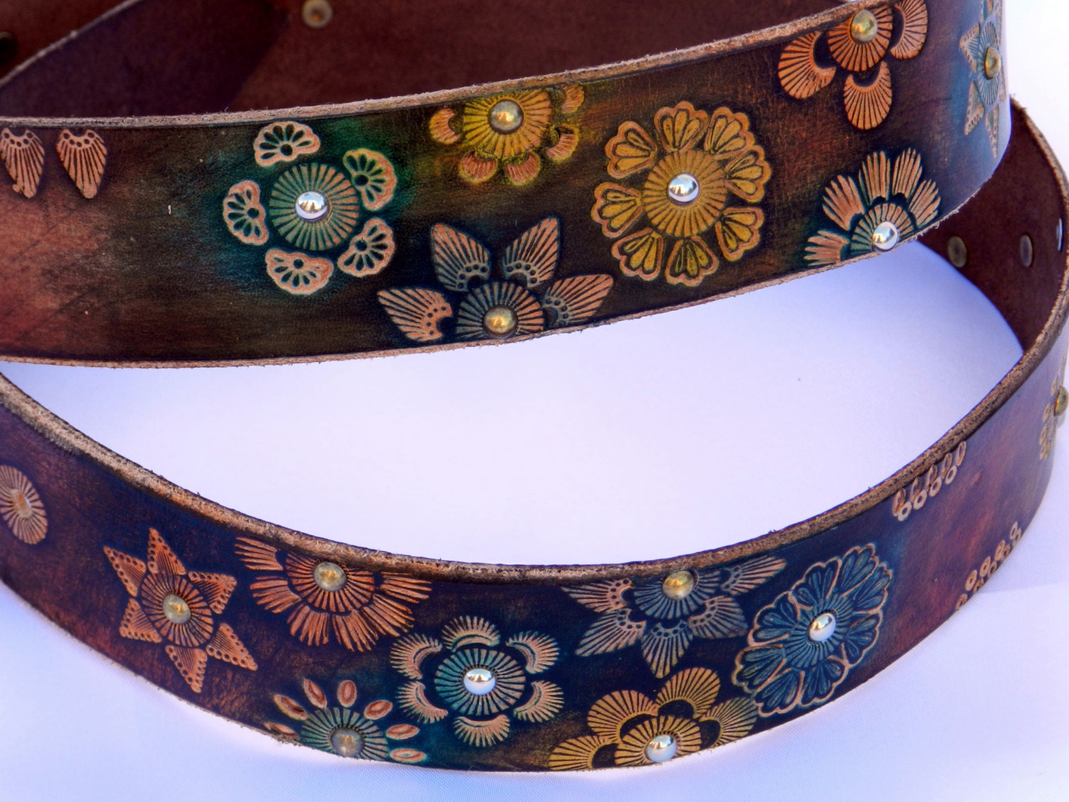 Leather Belt, Thin Leather Belt, Leather Rustic Flowers and Studs - Etsy