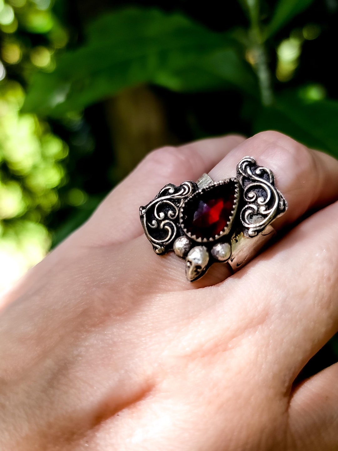 Garnet Skull Ring. Art Nouveau Sterling Silver Ring. Statement One of a ...