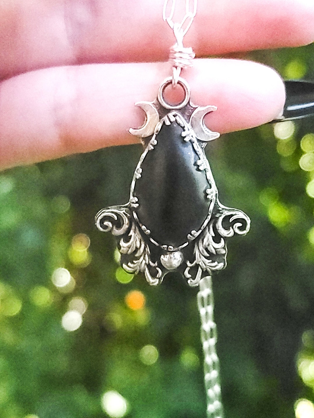 Victorian Goth Necklace. Sterling Silver Black Jade Pendant. Statement ...