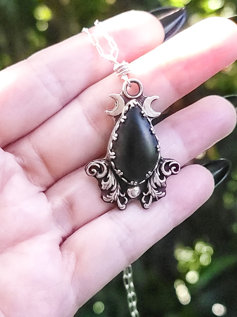 Victorian Goth Necklace. Sterling Silver Black Jade Pendant. Statement ...