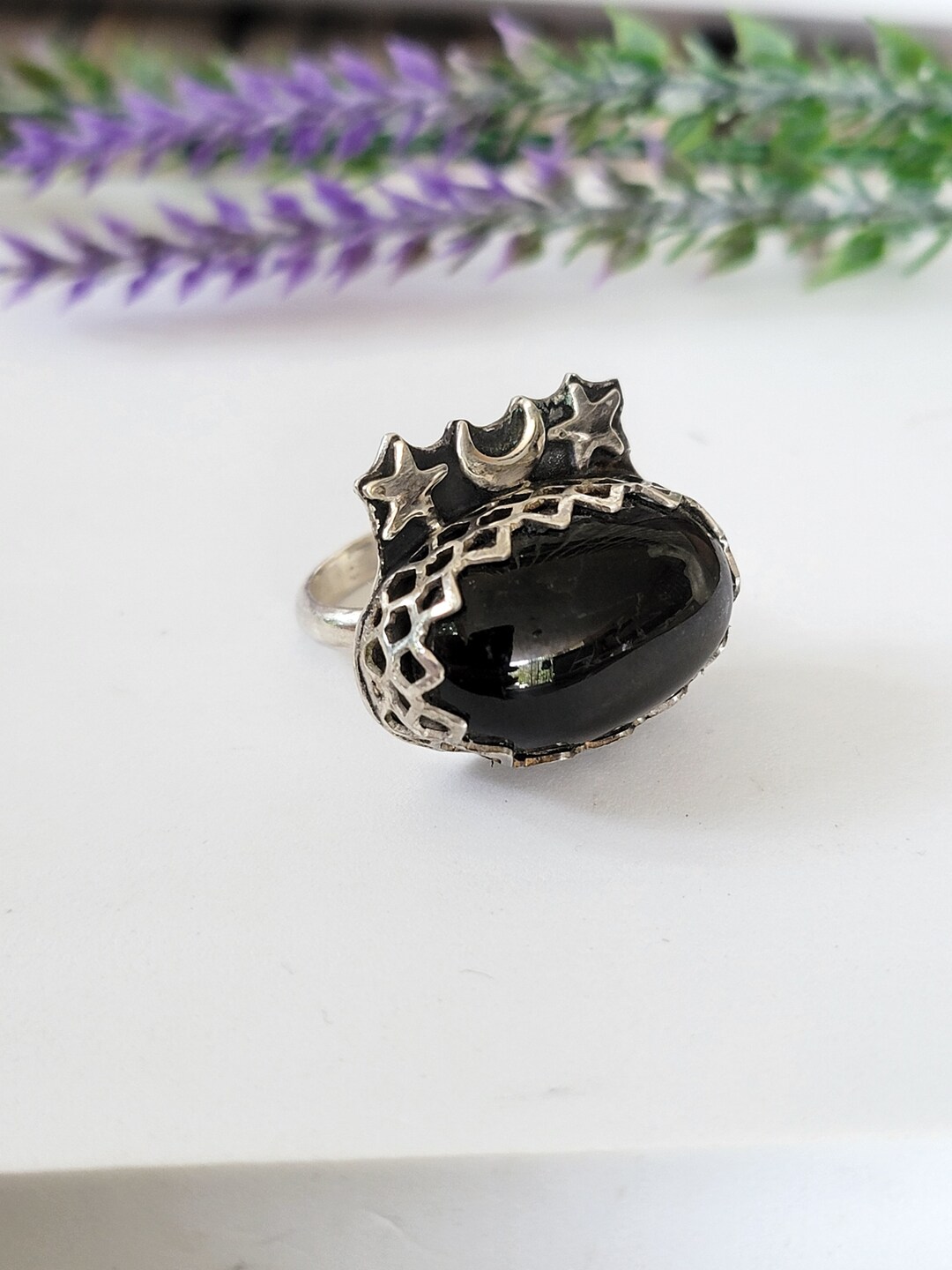 Moon and Stars Ring. Sterling Silver Ring. Black Star Diopsite Ring. - Etsy