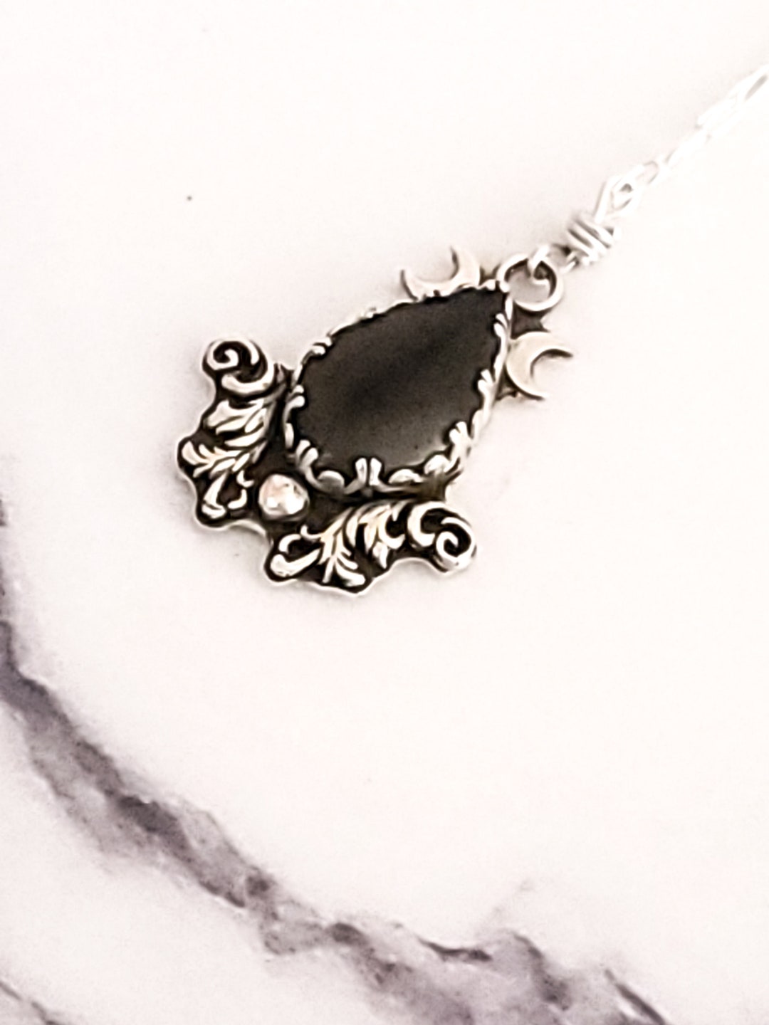 Victorian Goth Necklace. Sterling Silver Black Jade Pendant. Statement ...