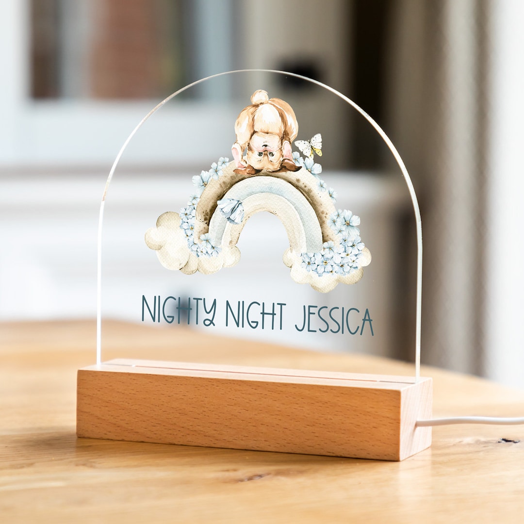 Personalised Bunny Rainbow Night Light - Beech Wood Base, Kids Night ...