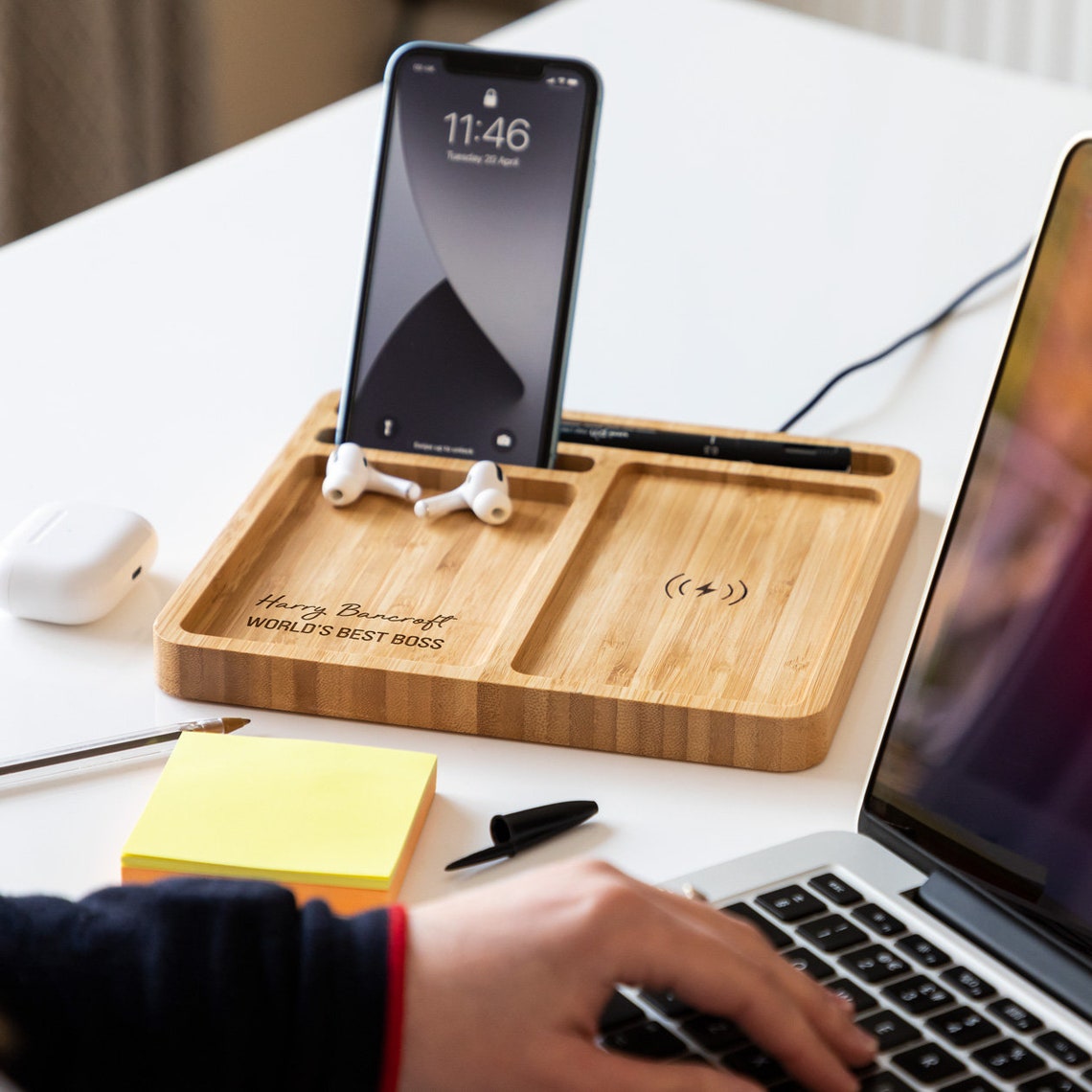 Personalised Bamboo Desk Tidy Wireless Charger: New Job Gift - LC710 ...