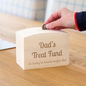 Wooden Money Box Dad's Treat Fund Personalised Money Box Fathers Day ...