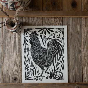 Folk Art Rooster Block Print - Etsy