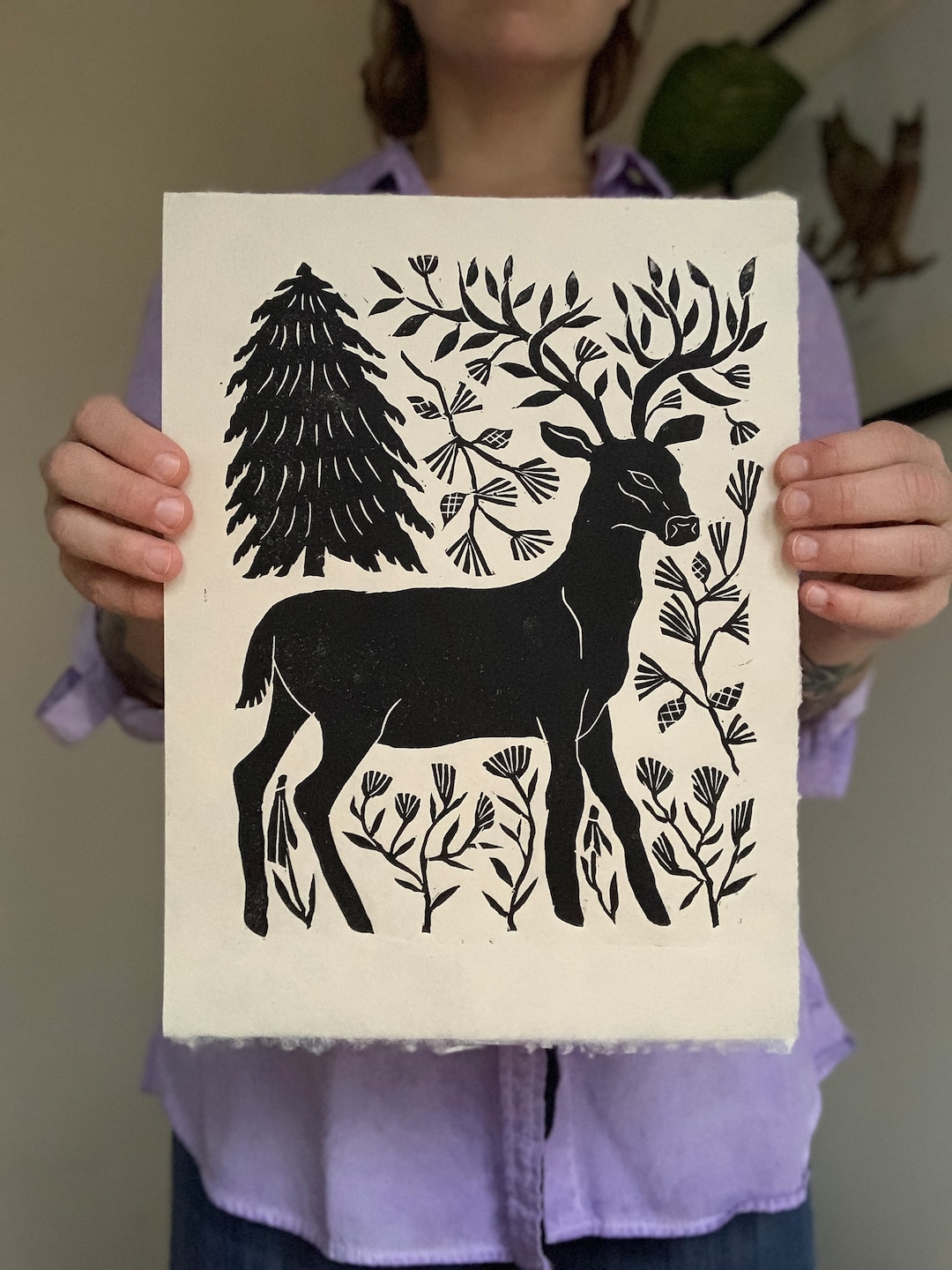 Black Winter Deer Buck Lino Block Print - Etsy