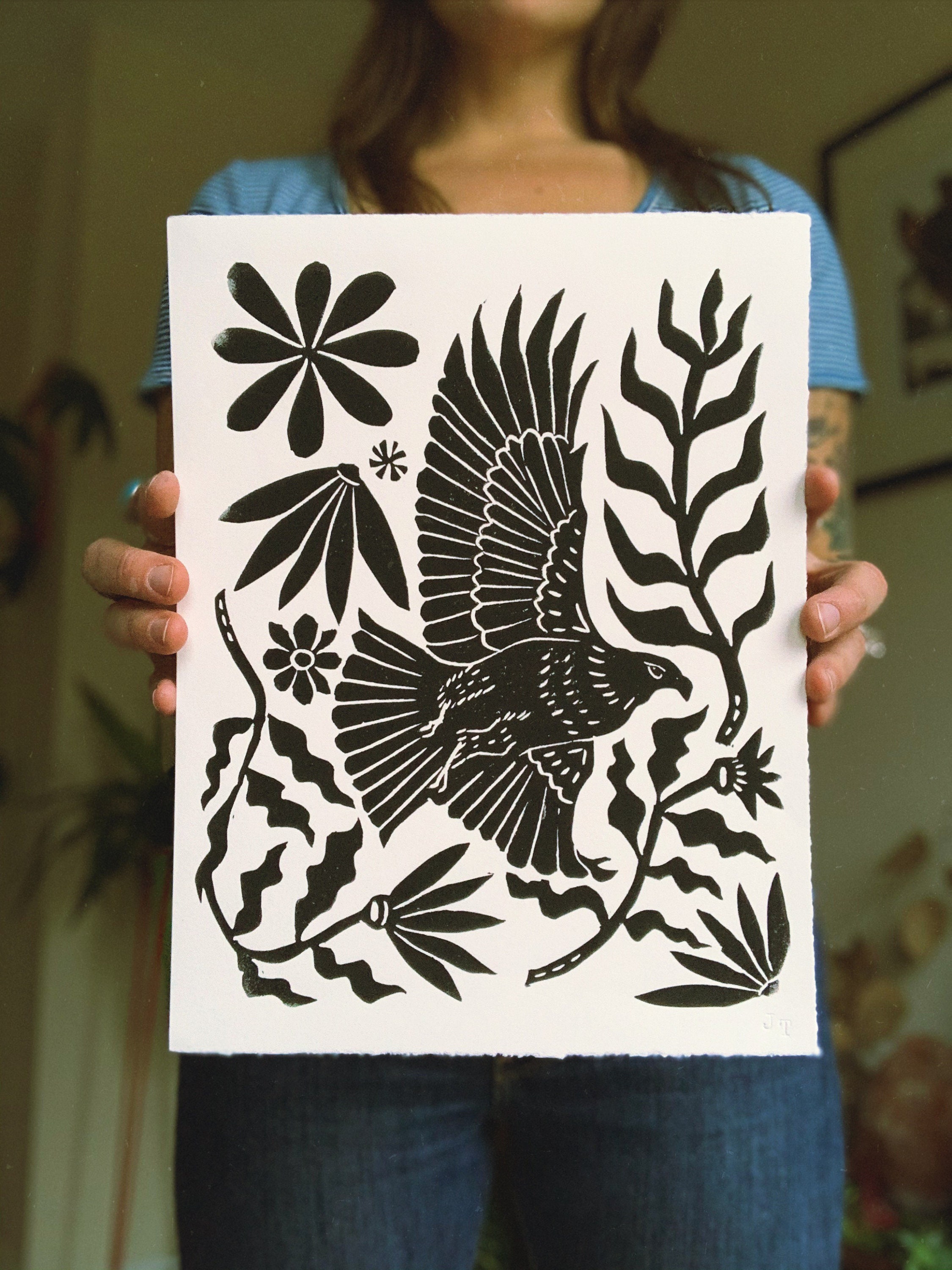 Black Hawk Floral Flying Block Print | Etsy