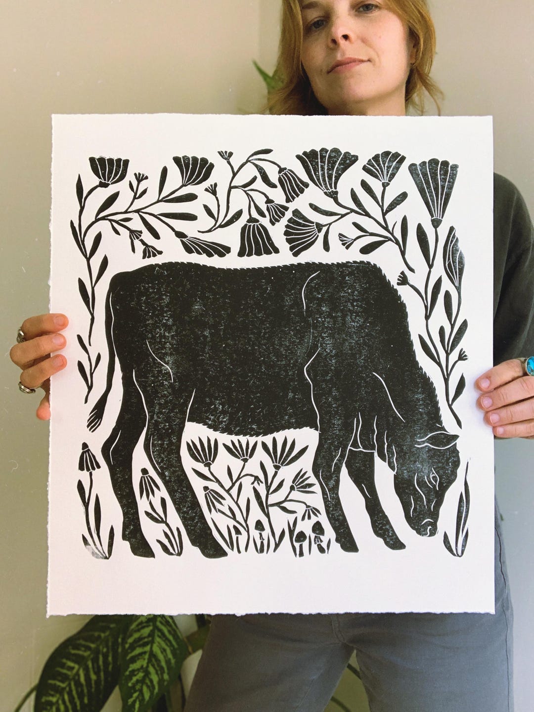 Large Cow Black Block Print Farmhouse - Etsy