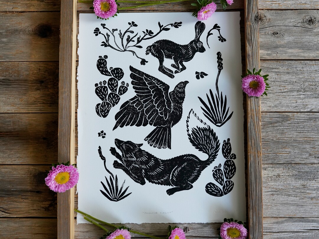 Desert Hawk Rabbit Block Print - Etsy