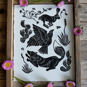 Desert Hawk Rabbit Block Print - Etsy