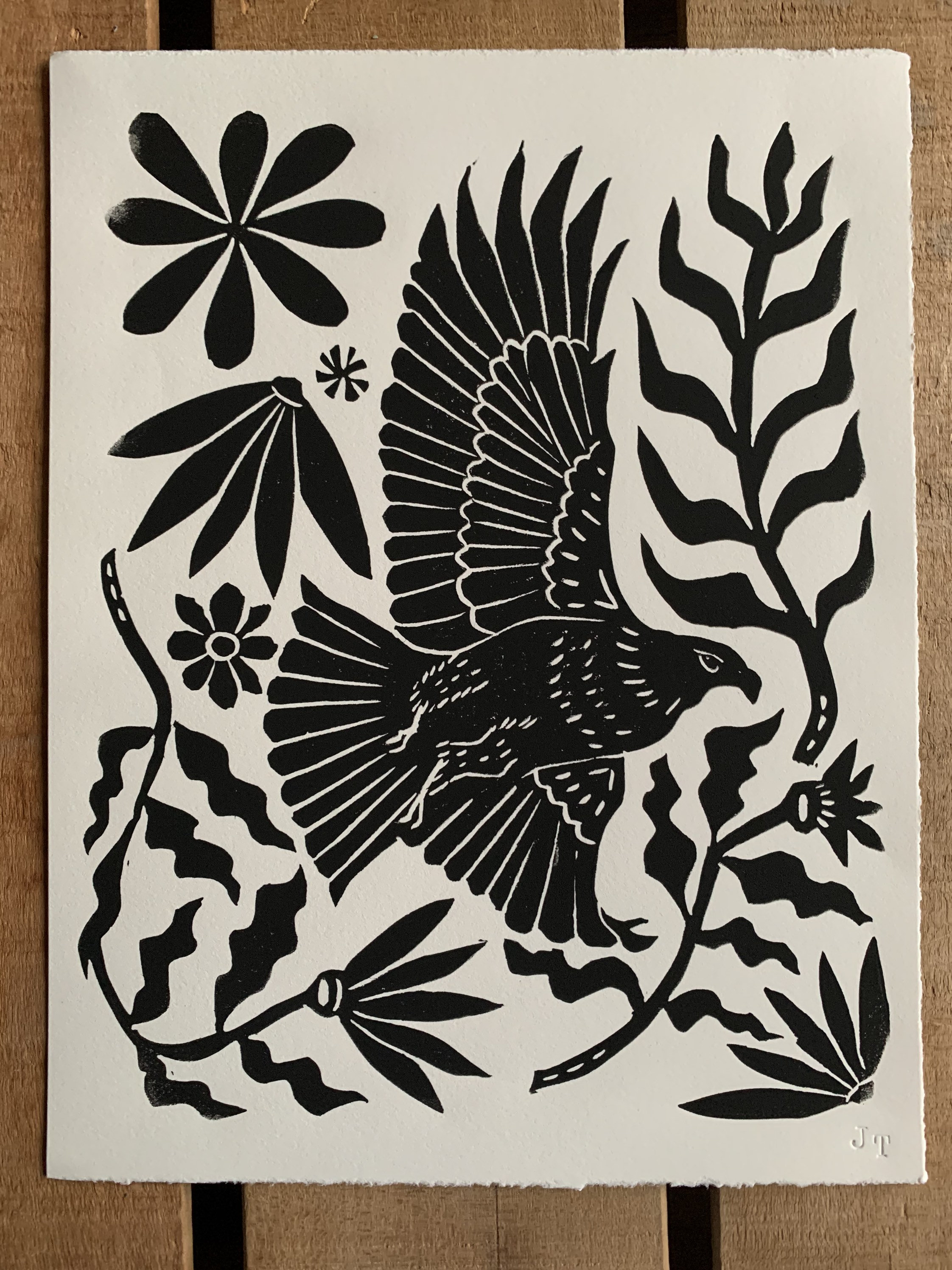 Black Hawk Floral Flying Block Print | Etsy