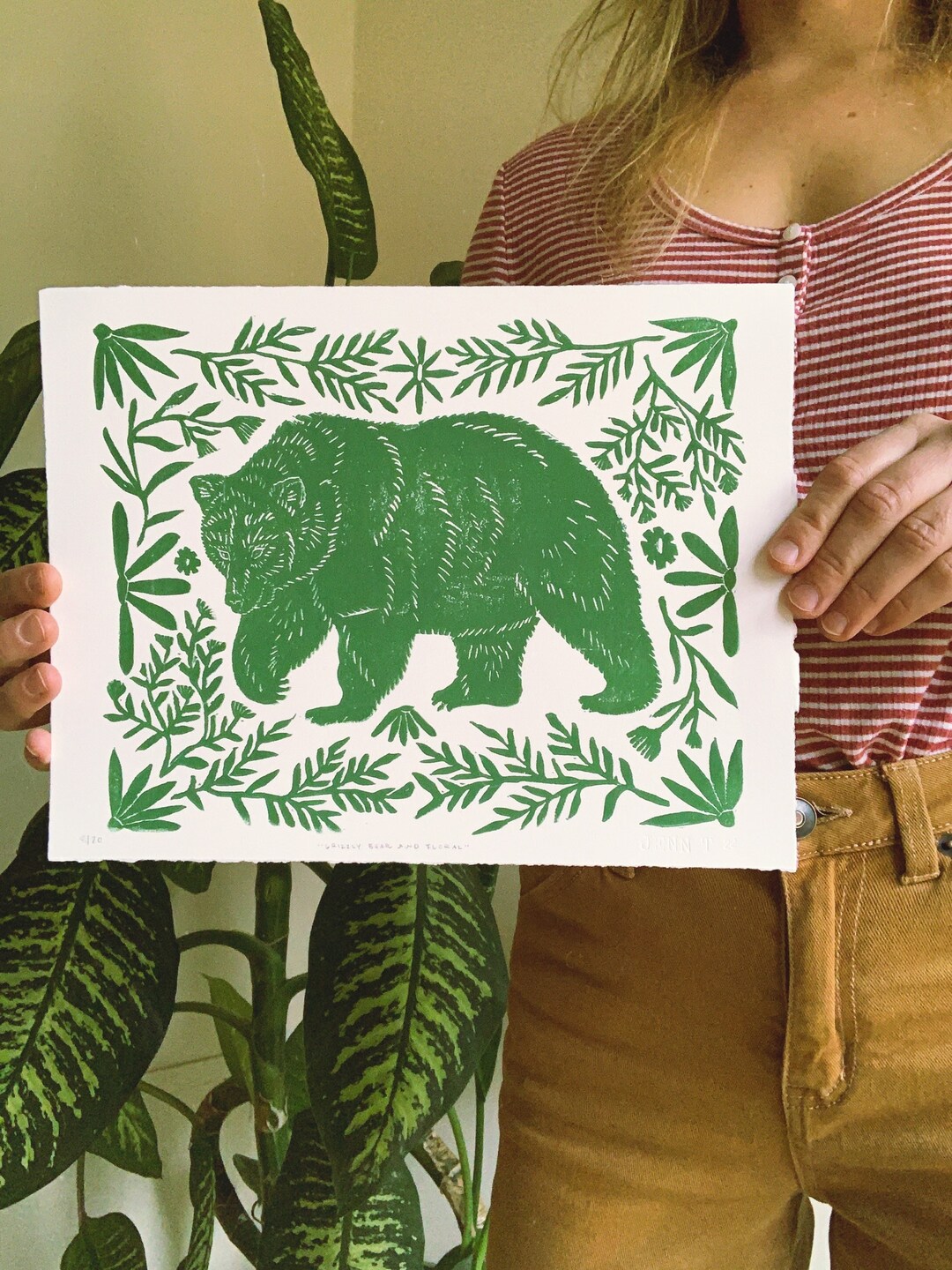 Green Grizzly Bear Block Print - Etsy