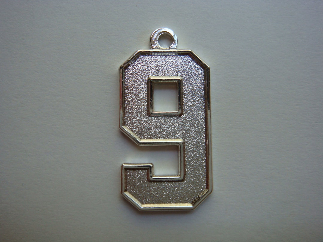 Number 9 Jersey Style Sports Necklace Charm Pendant (0.8" Tall) SILVER ...