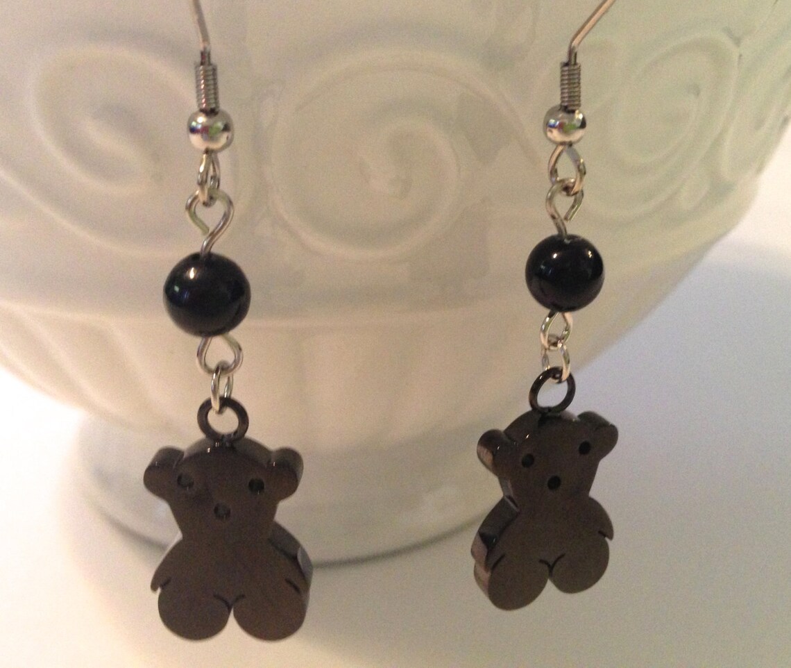Black Dangle Earrings Teddy Bear Drop Earrings Beaded - Etsy