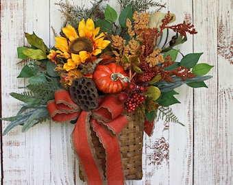 Fall Door Wreath | Fall Door Hanging Basket | Floral Arrangement Basket ...