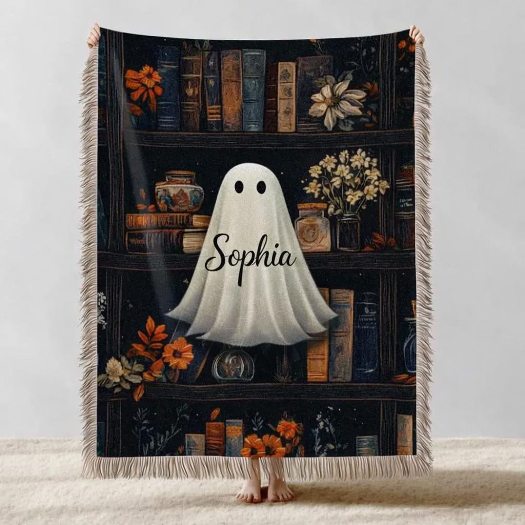 Personalized Ghost Woven Throw Blanket | Cute Spooky Bookcase Design ...