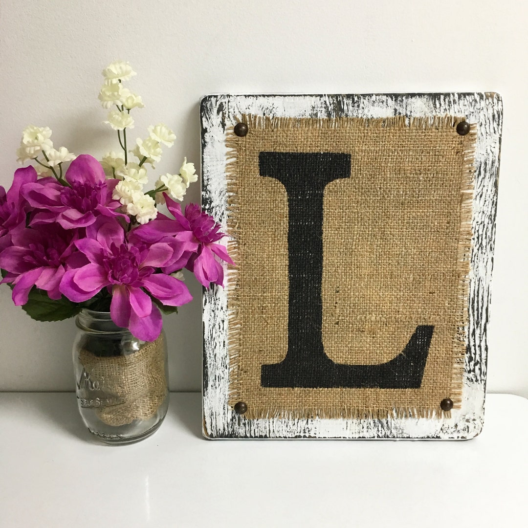 Burlap MONOGRAM, White Rustic Burlap Sign, Monogram Letter L ...