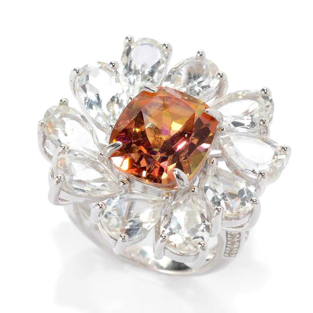 925 Sterling Silver Sunset Topaz With White Topaz Ring, Flower Ring ...