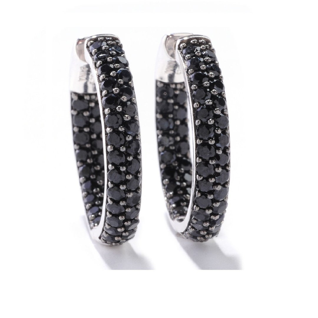 Black Spinel Hoop Earrings, 925 Sterling Silver Round Hoop Earrings ...