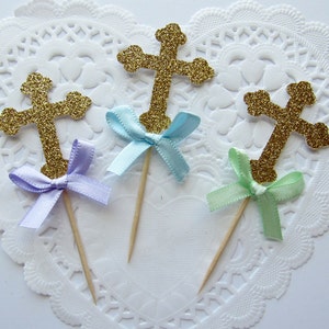 Gold and Pink Cross Cupcake Toppers, Baptism Cupcake Toppers, Communion ...